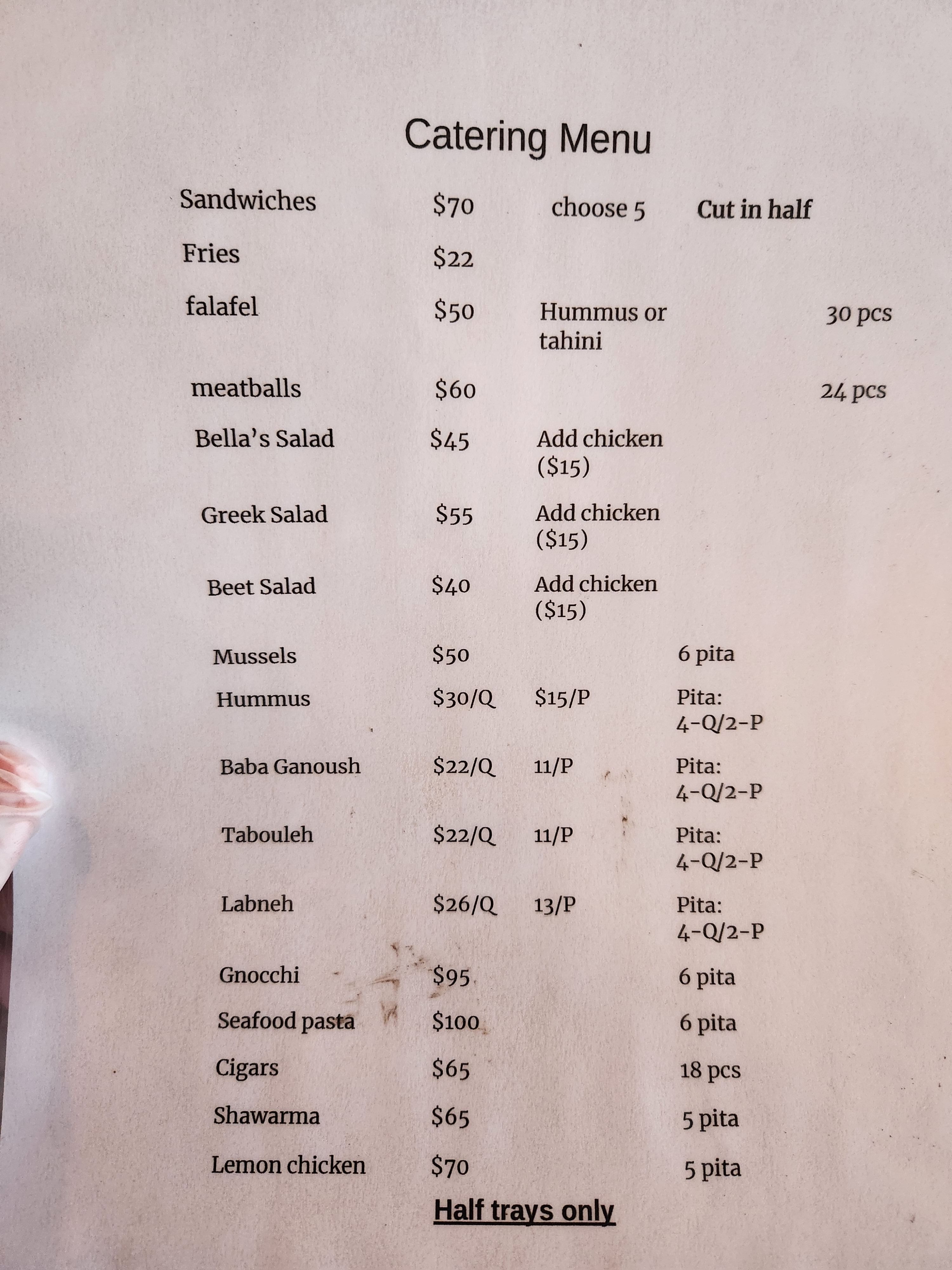 Menu | Bella's Kitchen